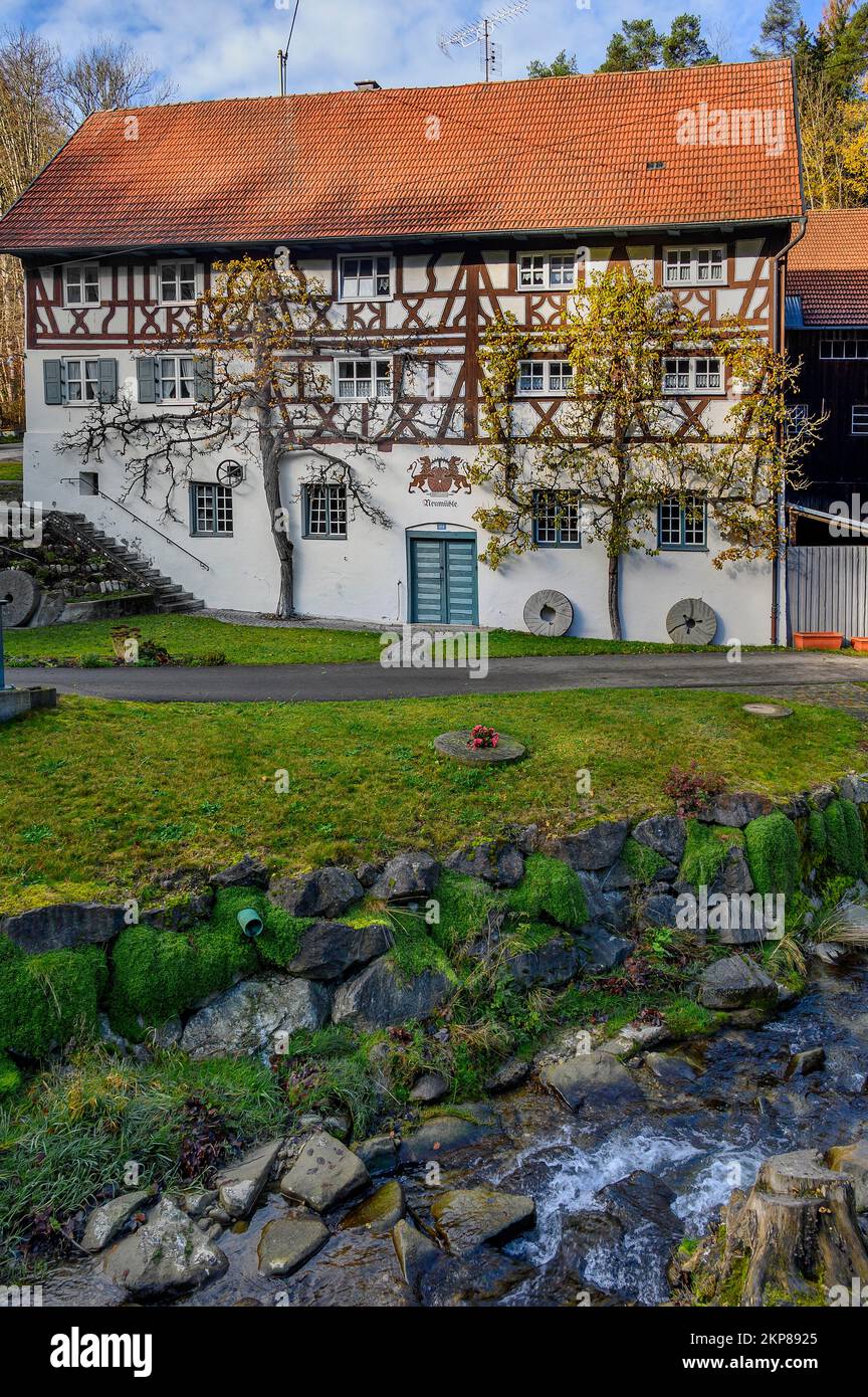 Half-timbered house with espalier trees, Neumühle near Altusried ...