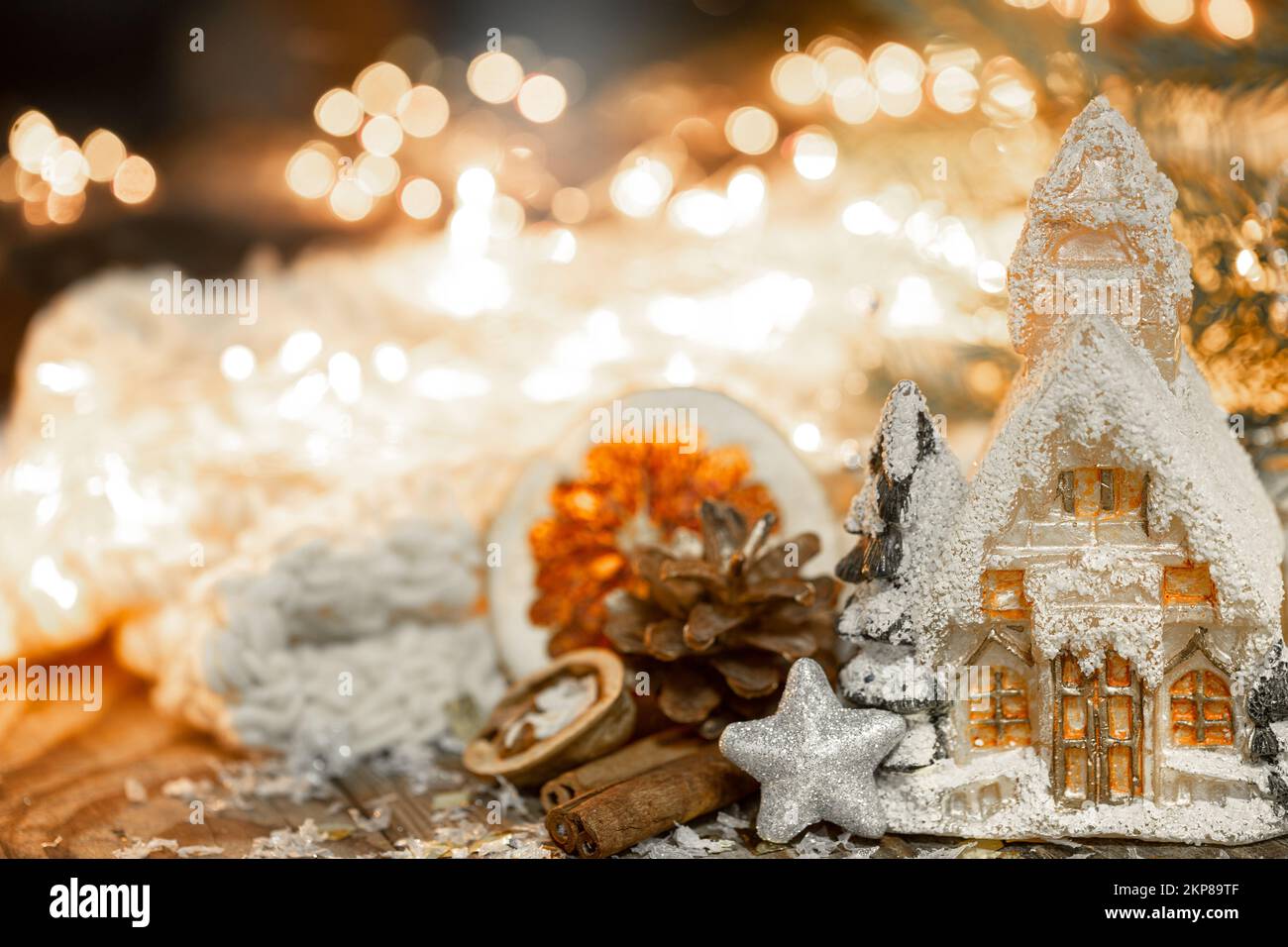 Christmas background with festive decor details and bokeh lights Stock ...