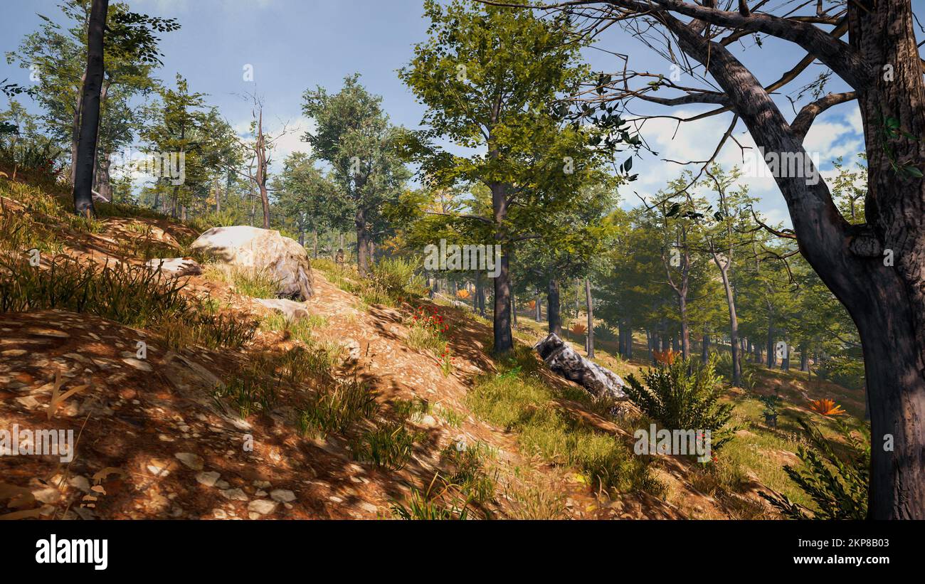 3D rendering. An immersive natural environment. Landscape to illustrate ...