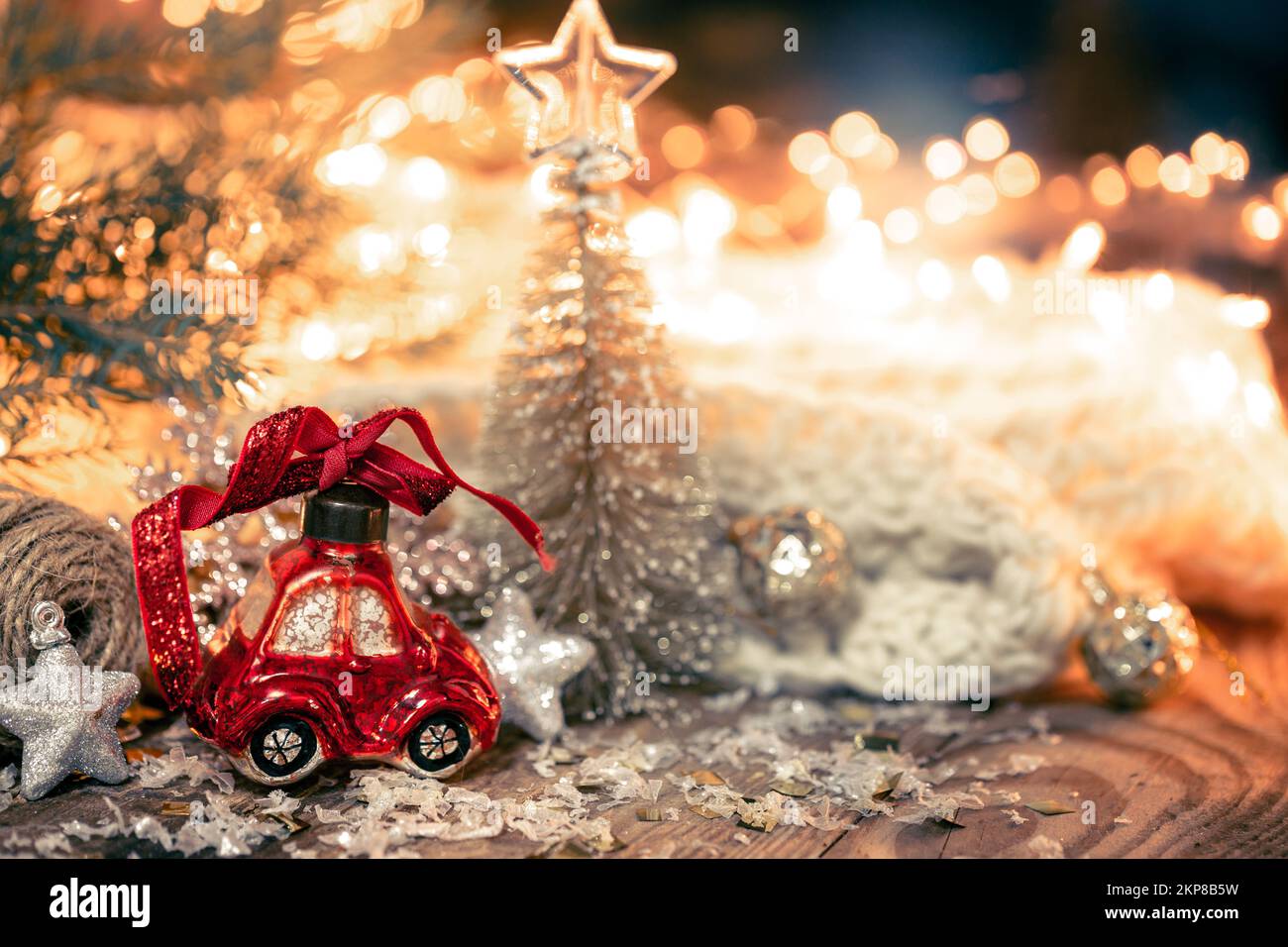 Christmas background with festive decor details and bokeh lights Stock ...