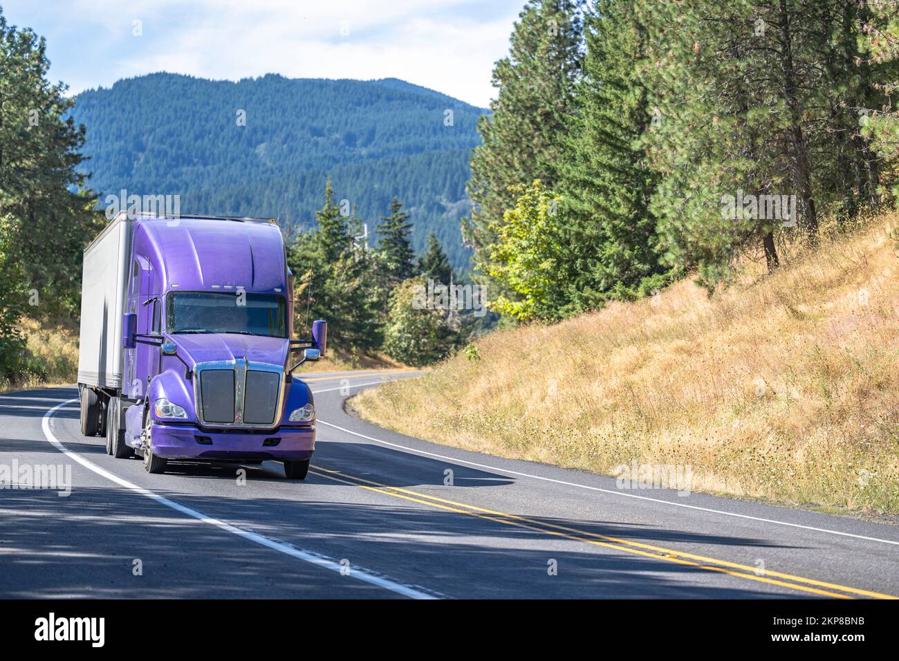 Commercial big rig purple semi truck tractor transporting frozen cargo ...