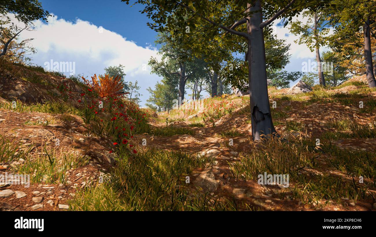 3D rendering. An immersive natural environment. Landscape to illustrate ...