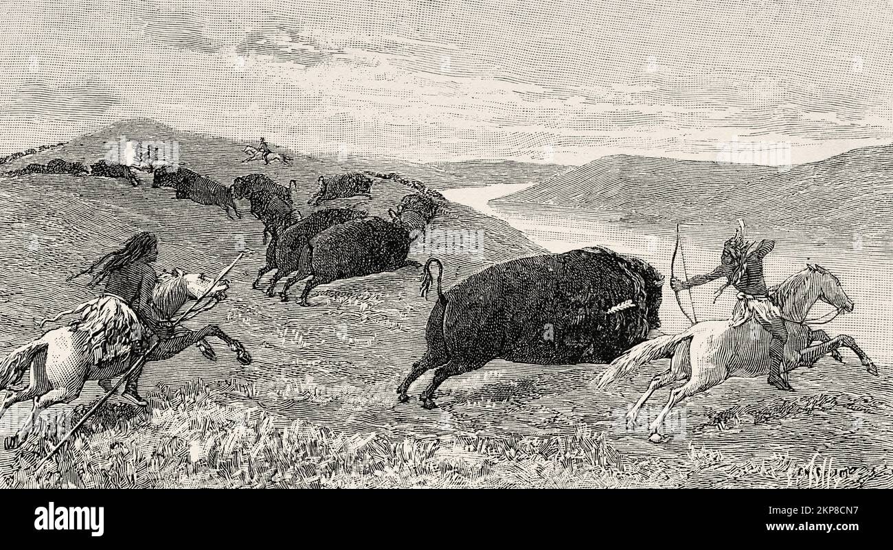 Bison hunting by the Redskins on horseback, USA. Old 19th century ...