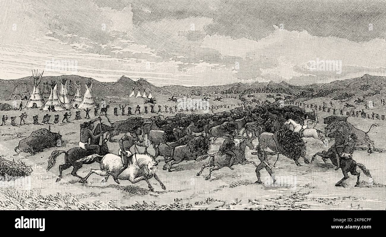 Bison massacre by American Indians, USA. Old 19th century engraved ...