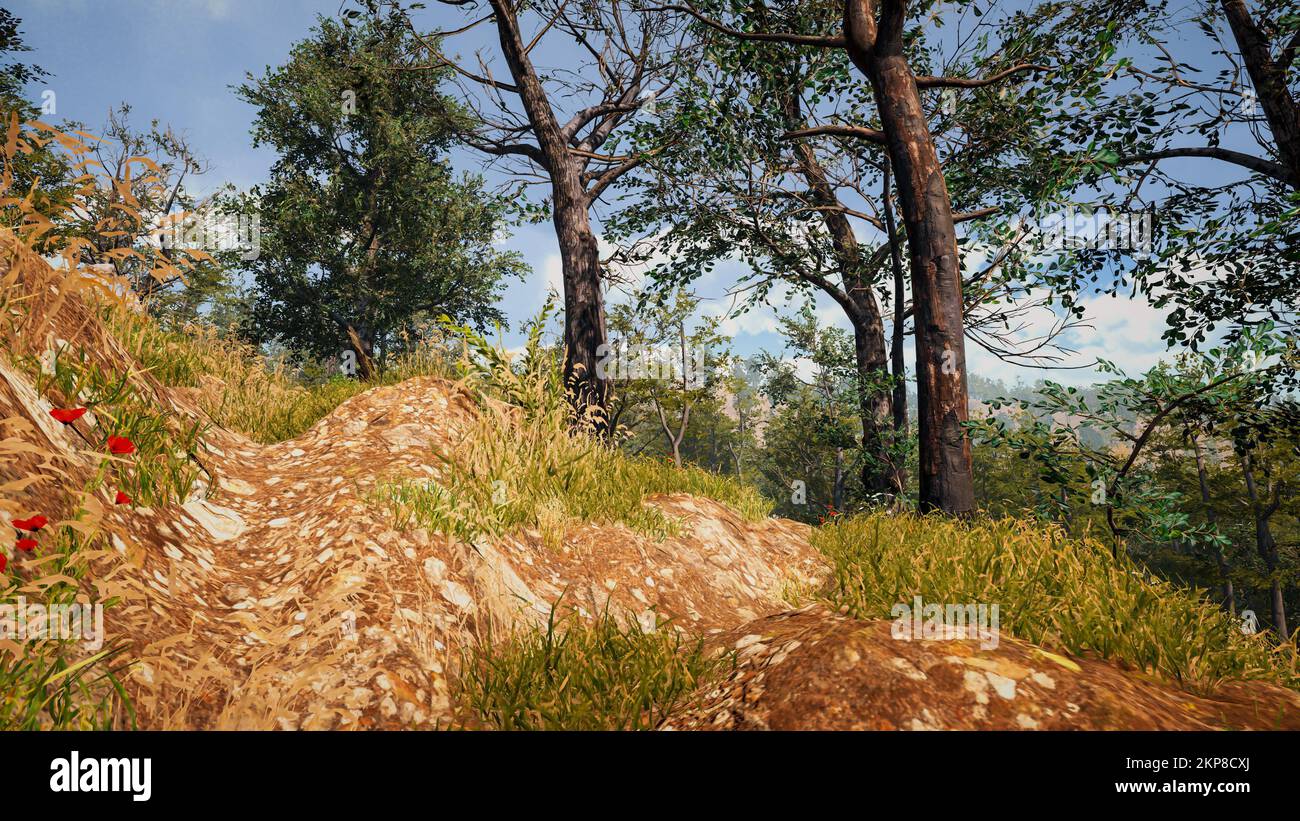 3D rendering. An immersive natural environment. Landscape to illustrate ...