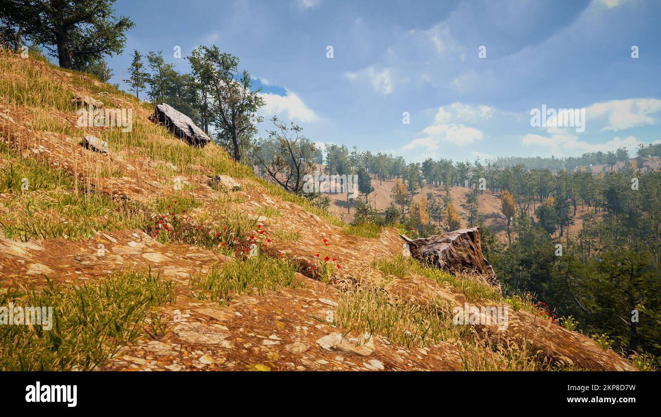 3D rendering. An immersive natural environment. Landscape to illustrate ...