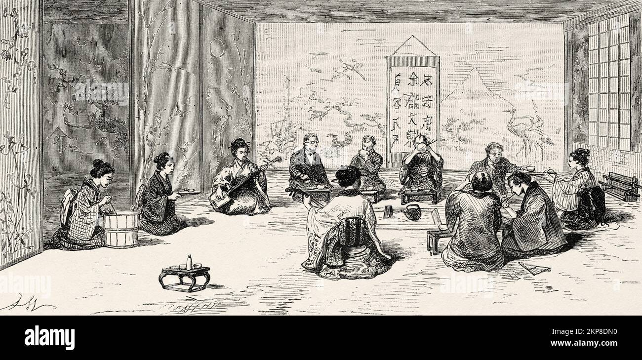 Eugene Collache being received by a Tsugaru daimyo minister, Japan. An ...