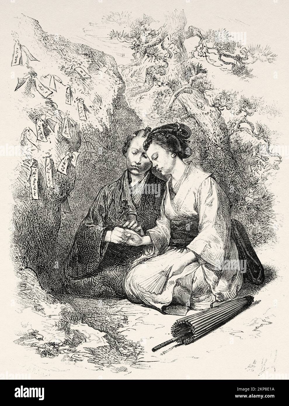 Lovers rock, Japan. An adventure in Japan by Eugene Collache, 1868-1869 Stock Photo - Alamy
