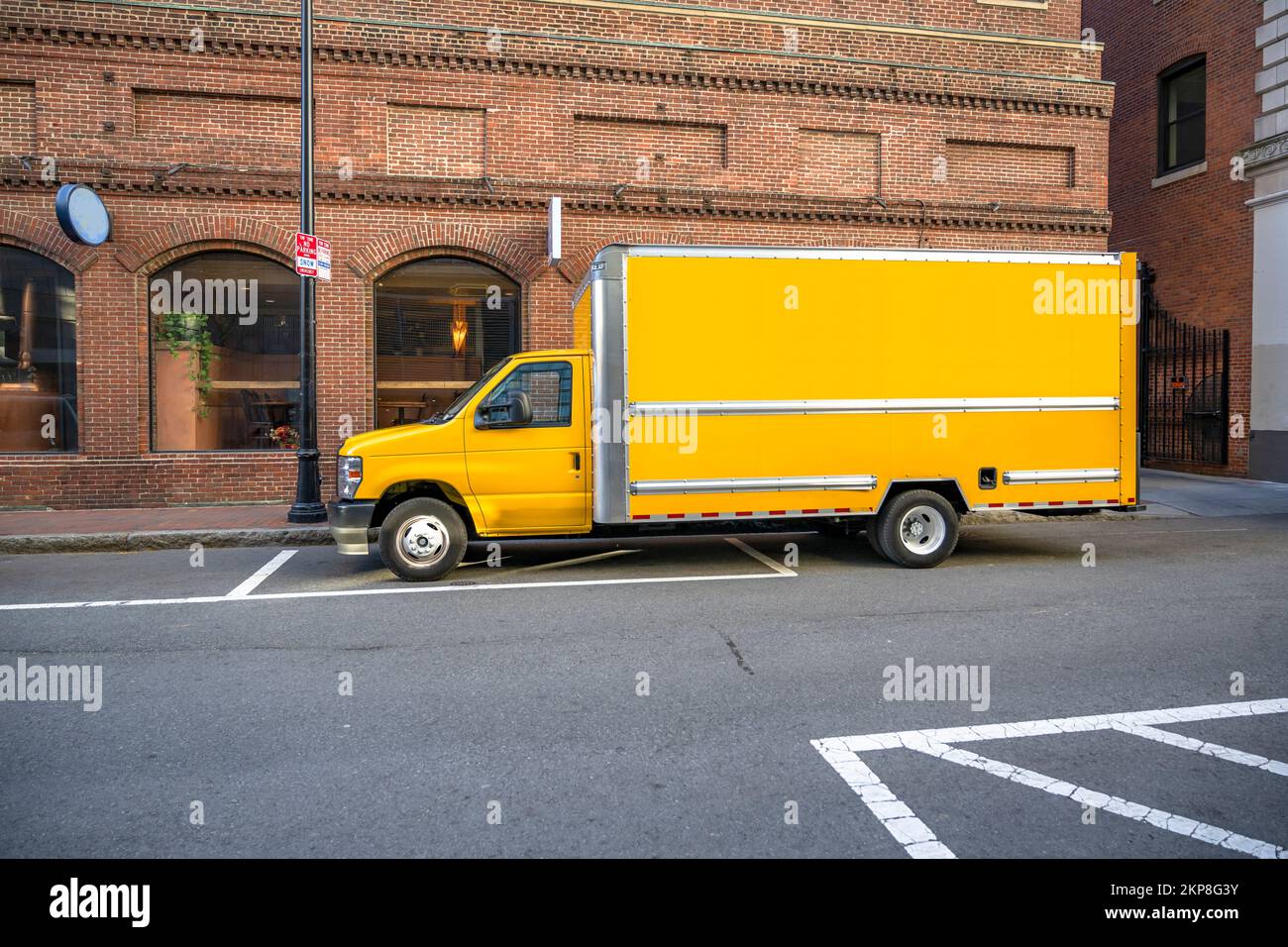 Compact day cab yellow big rig semi truck with long box trailer for ...
