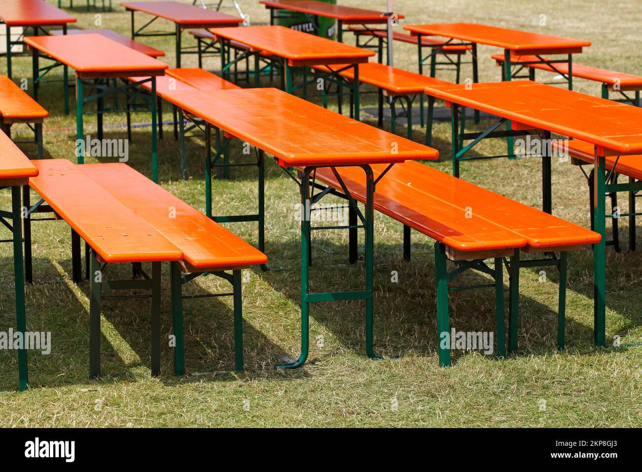 Wooden benches and folding tables in a meadow, Germany, Europe Stock ...