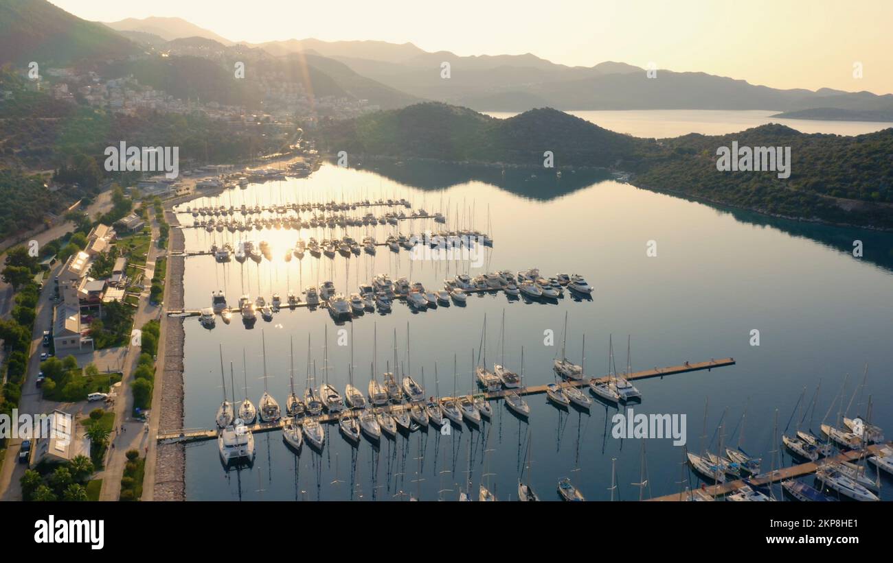 Aerial panoramic view of sea bay with boats in the morning. Beautiful ...