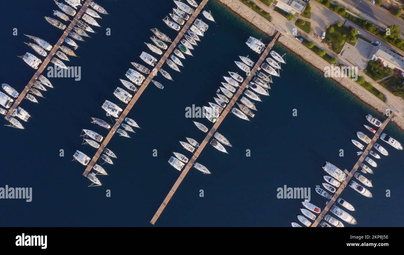 Aerial top view of boats and yachts in modern marina. Embankment of ...