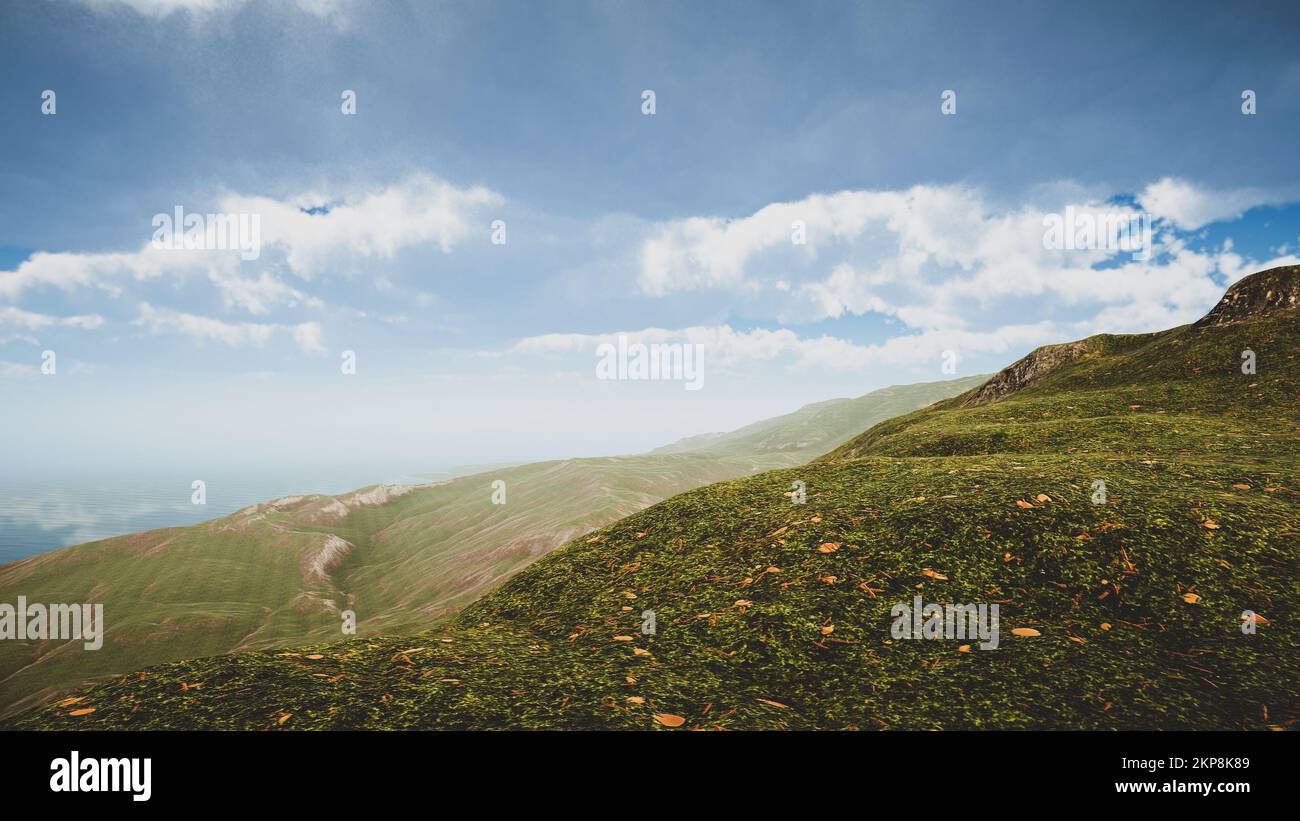 3D rendering. Natural environment of a green island with no trees ...