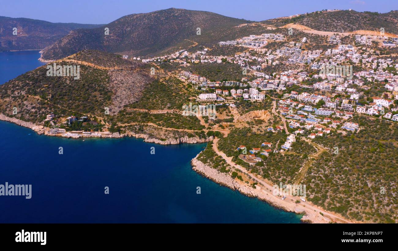 Picturesque aerial view of mountains with beautiful townscape and sea ...