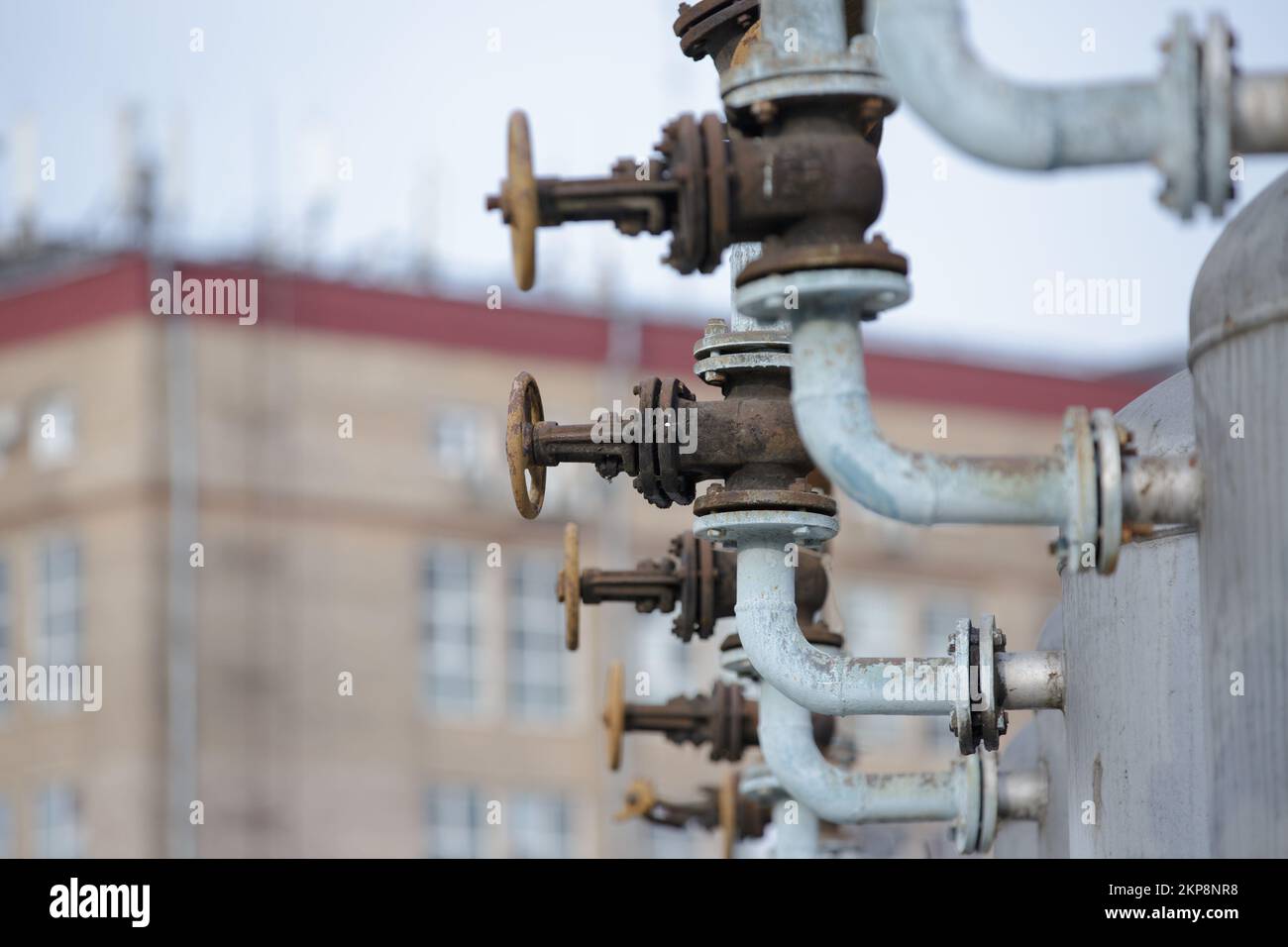Manual valve for the industrial area on the background of the city ...