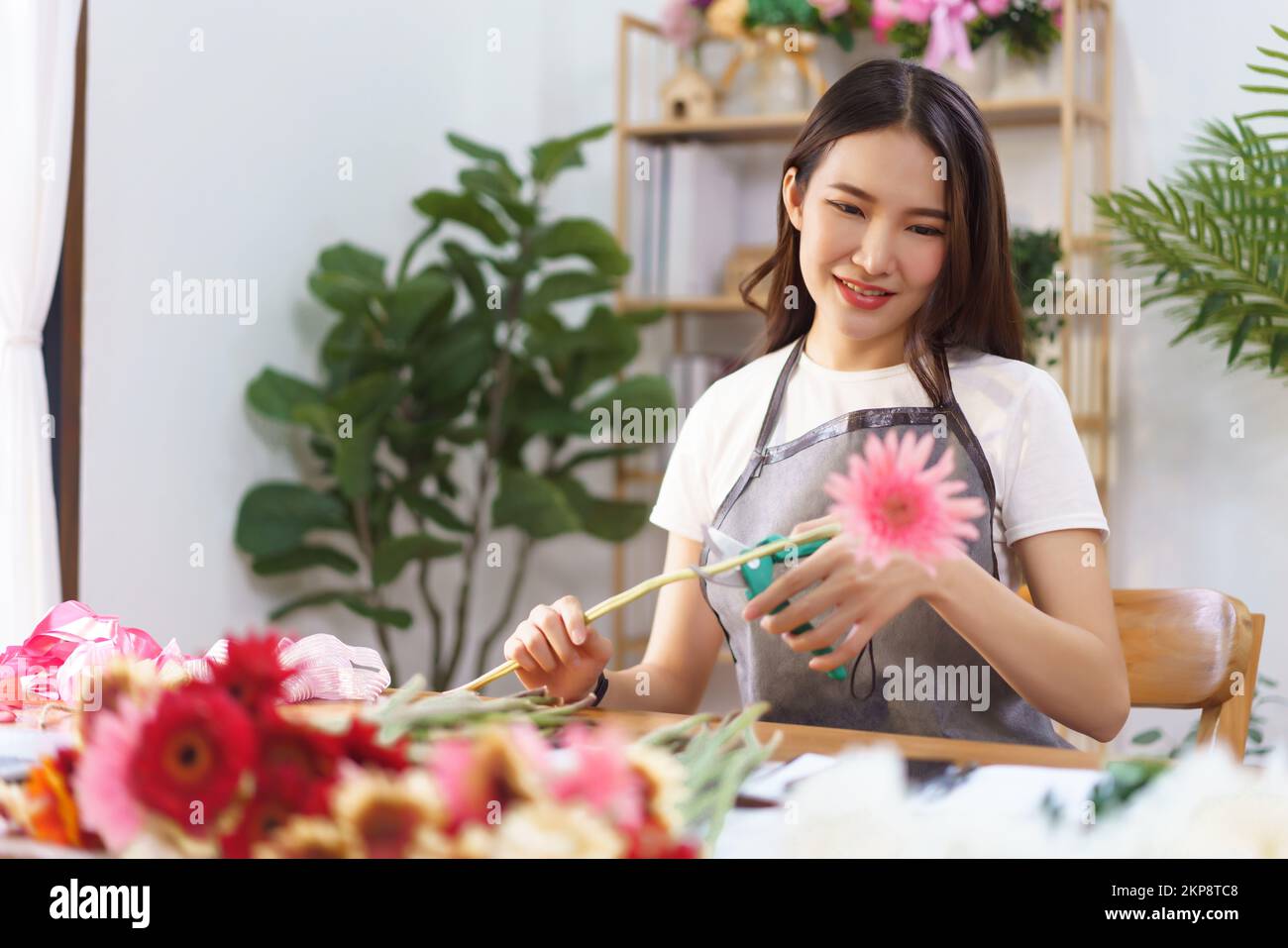 Flower shop concept, Female florist cutting gerbera with scissor to prepare for making flower ...