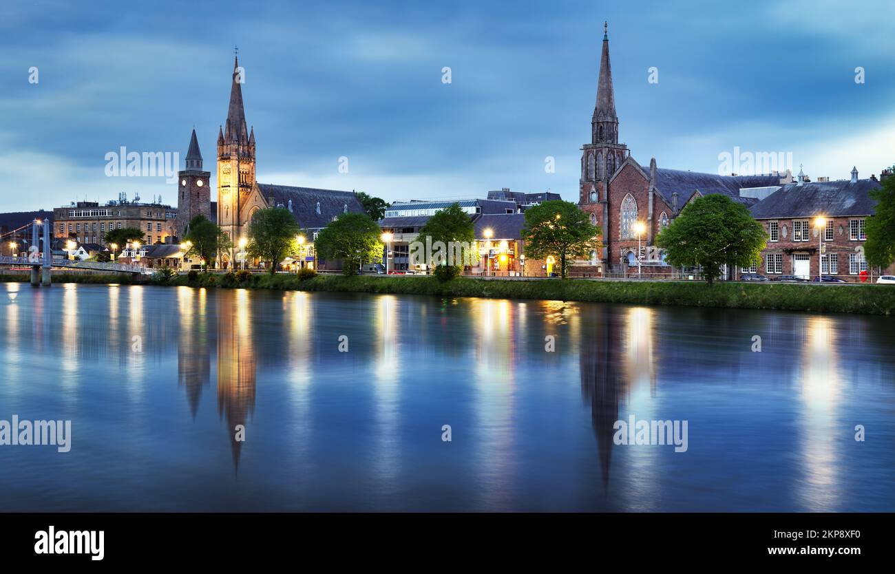 Inverness skyline at night with Ness bridge, Scotland - UK Stock Photo ...