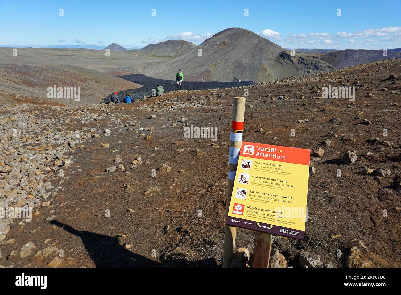 Warning sign near lava field, Fagradalsfjall, Reykjanes, Grindavik ...