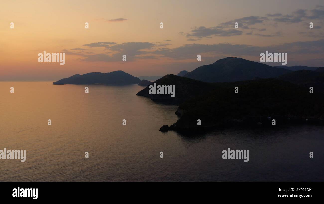 Aerial panoramic view of tropical bay at sunset. Seascape with ...