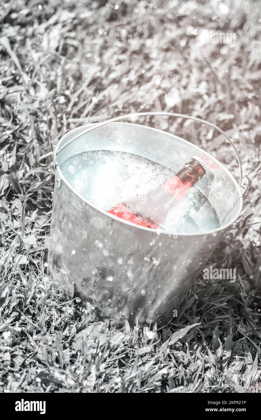 Creative still life image of a frosty cold beer bucket filled with ice ...