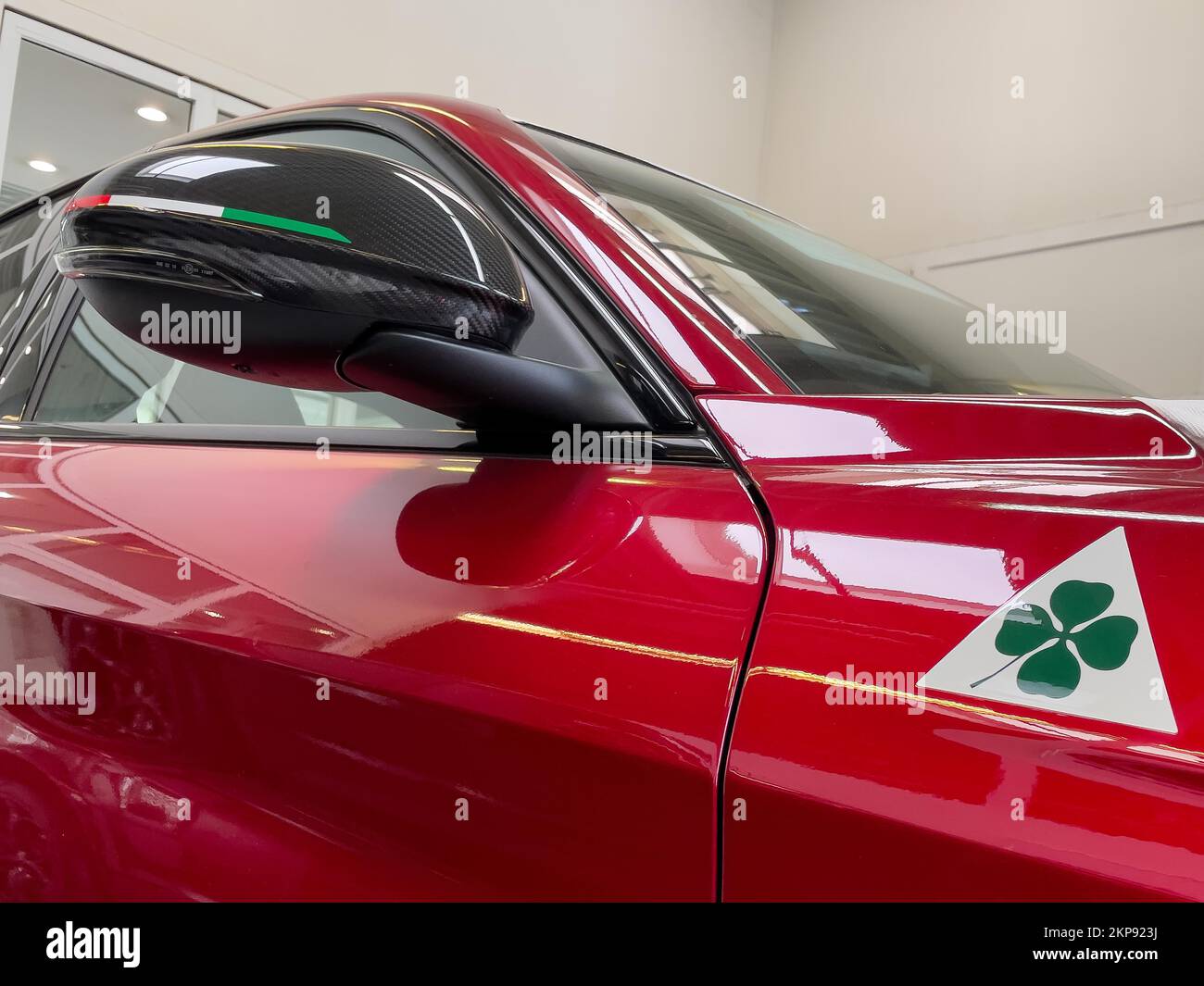 Detail of rear view mirror with carbon optic fairing with coloured ...