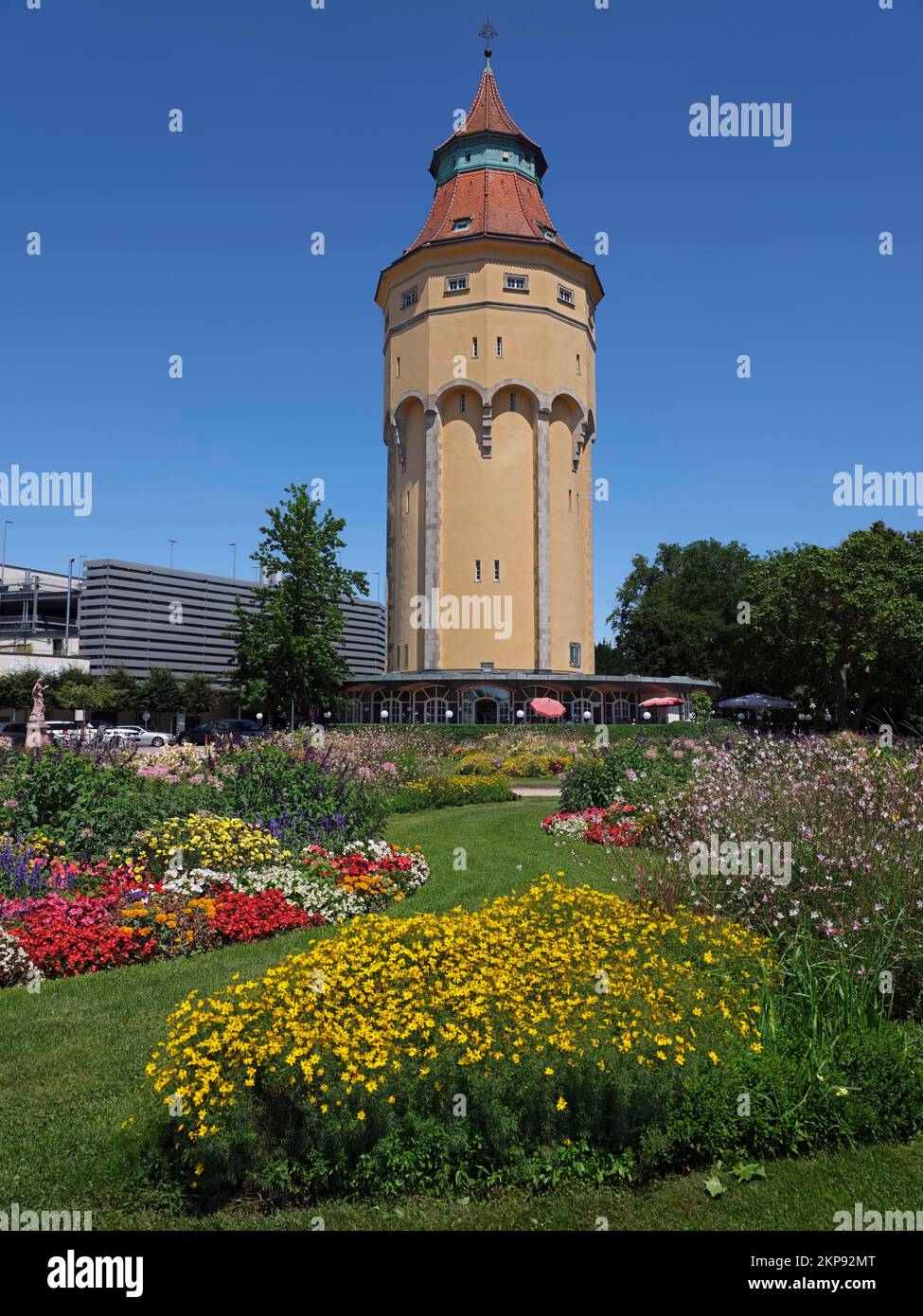 Water tower, flowerbeds, Rastatt, Baden-Württemberg, Germany, Europe ...