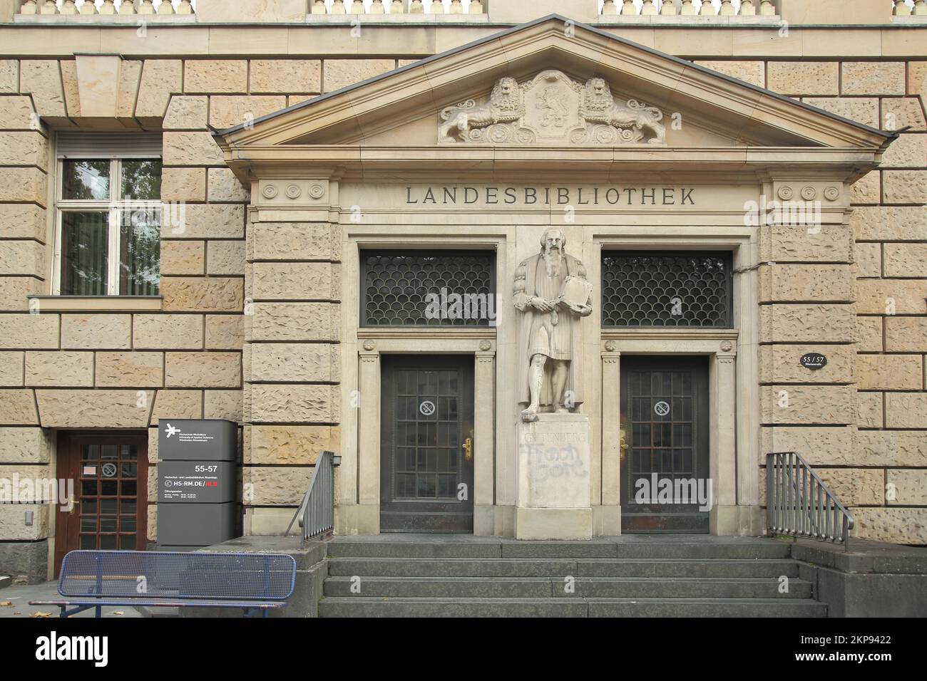 Entrance to the State Library built in 1913 with sculpture Johannes Gutenberg, monument, book ...