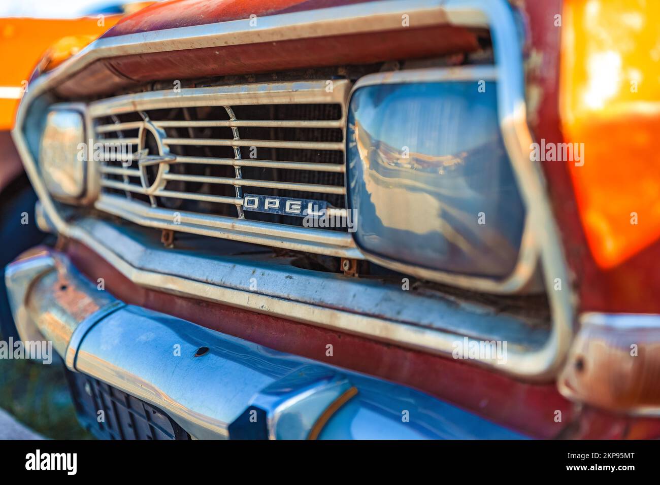 The vintage old beautiful Opel Rekord car stay on the dump Stock Photo ...