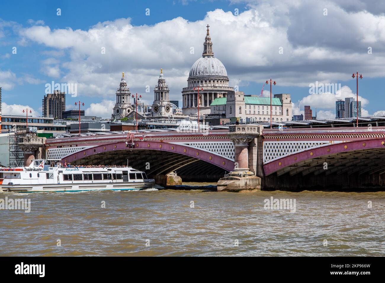 Excursion boat on the Thames with Blackfriars Bridge and St. Paul's ...