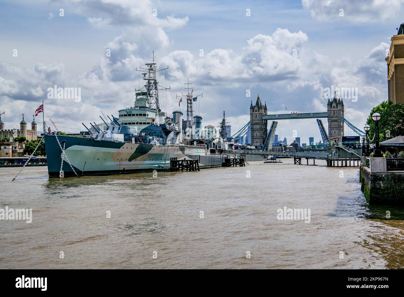 Museum Ship HMS Belfast on the Thames with Tower Bridge, London, City ...