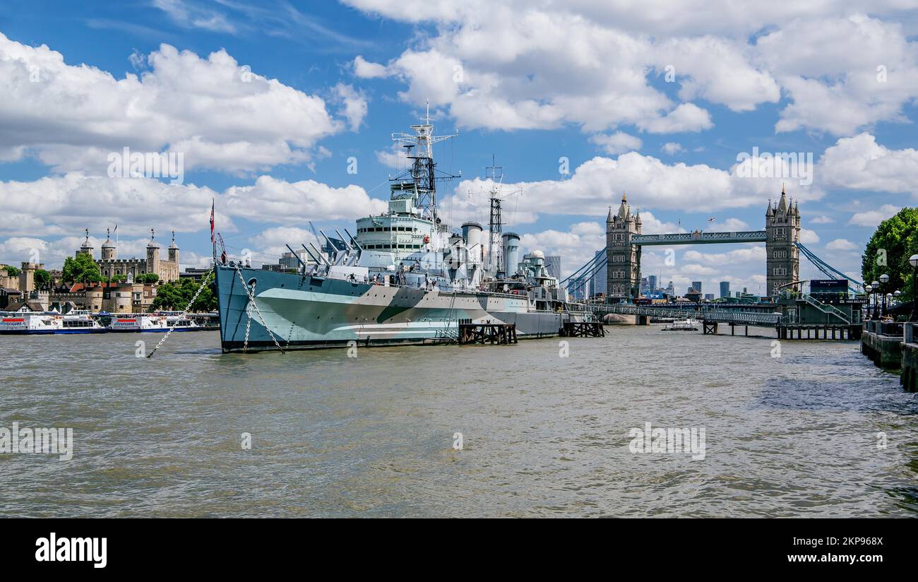 Museum Ship HMS Belfast on the Thames with Tower and Tower Bridge ...