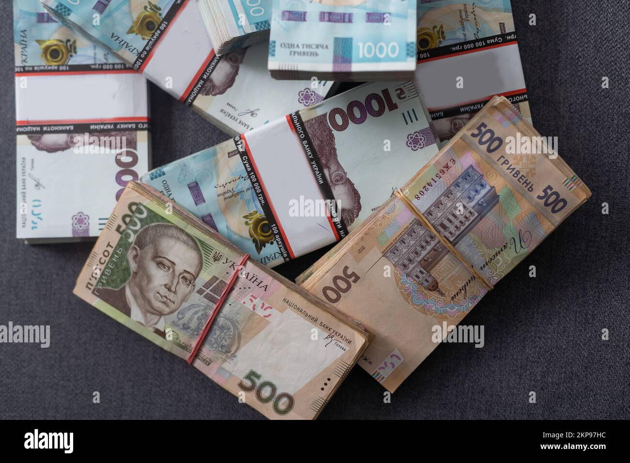 bundles of Ukrainian money, stacks of hryvnia, 200,500,1000 money ...