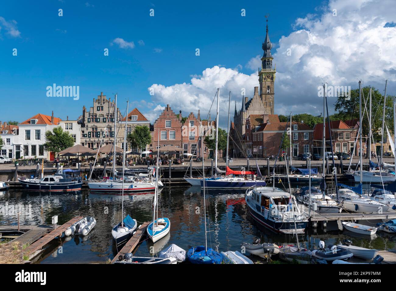 Cityscape at the marina with historic town hall, Veere, Zeeland ...