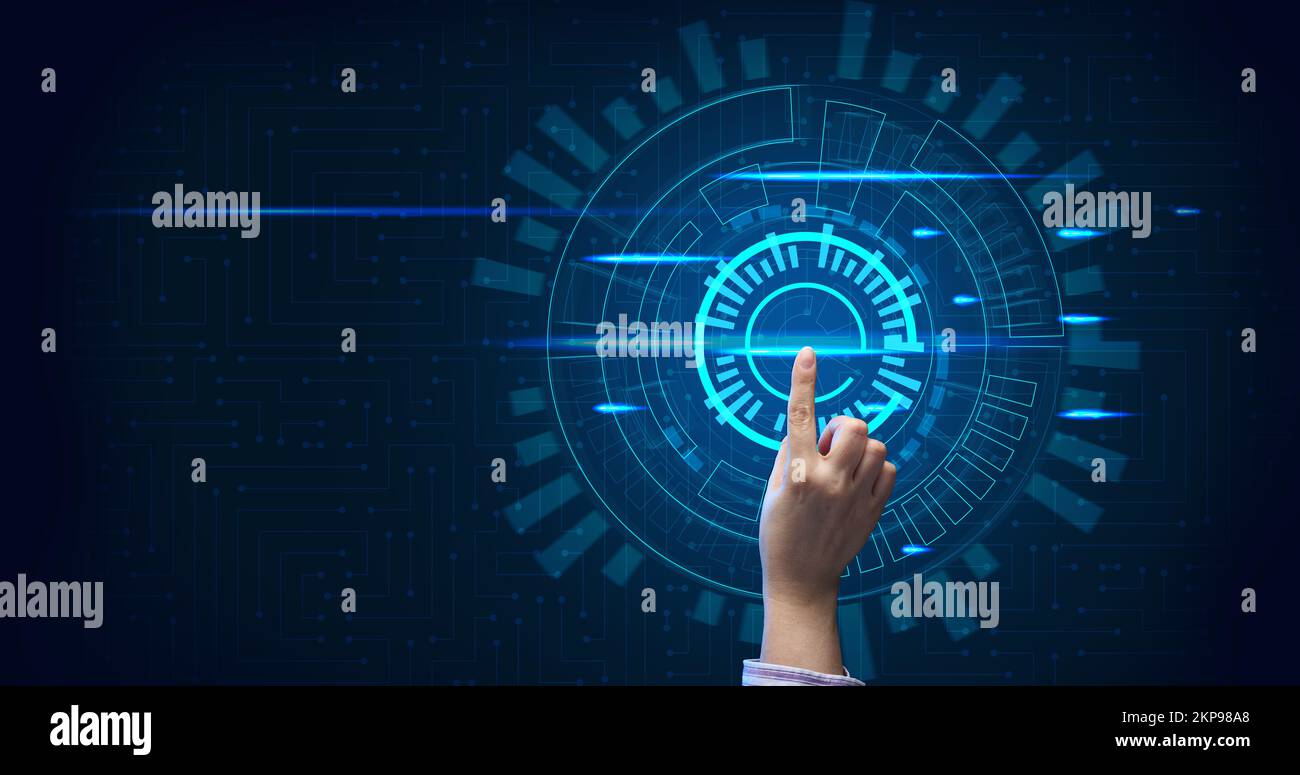 Virtual start button on the holographic screen, starting a business and ...