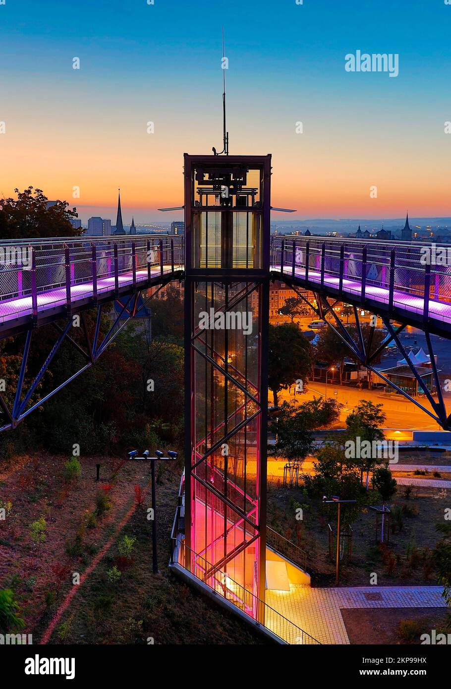 Illuminated lift to the Petersberg plateau in the blue hour, Buga ...