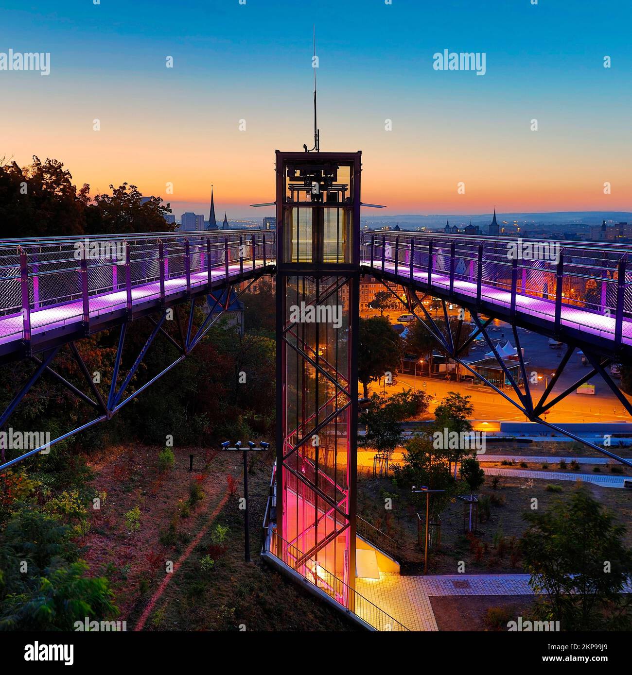 Illuminated lift to the Petersberg plateau in the blue hour, Buga ...