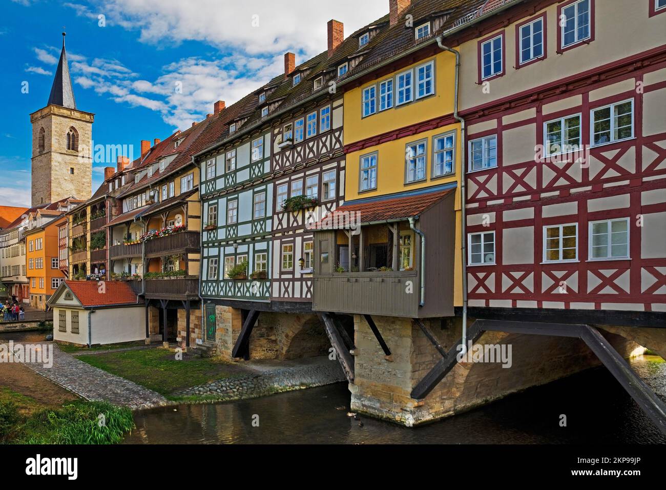 Half-timbered houses of the Krämerbrücke with the river Gera and the ...