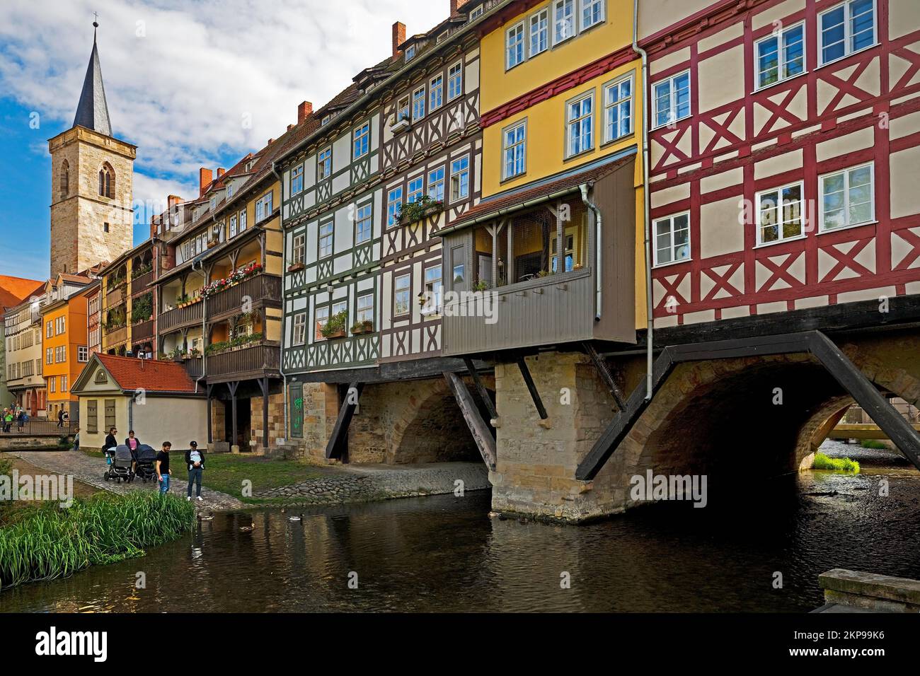 Half-timbered houses of the Krämerbrücke with the river Gera and the ...