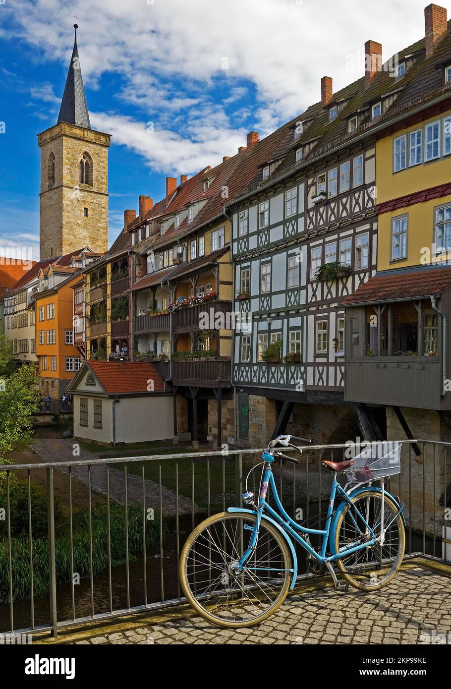 Half-timbered houses of the Krämerbrücke with the river Gera and the ...