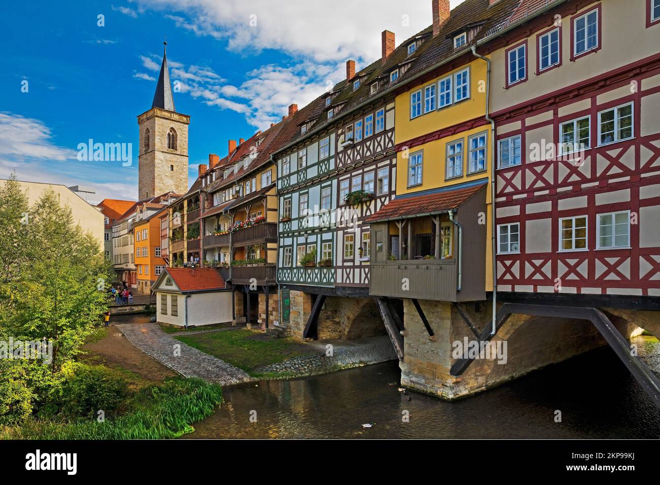 Half-timbered houses of the Krämerbrücke with the river Gera and the ...