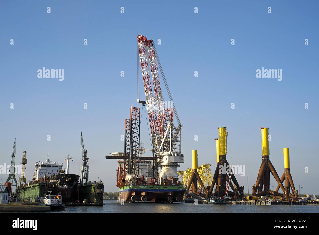 The Innovation, an offshore transporter, lies at the pier of the Lloyd ...