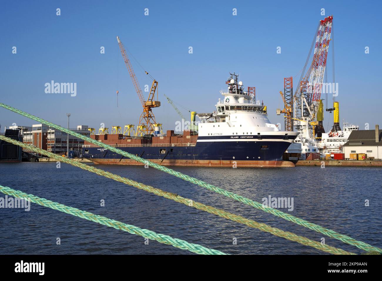 The Island Centurion, an offshore transporter, lies at the pier of the ...
