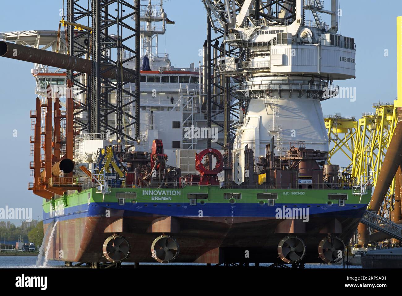 The Innovation, an offshore transporter, lies at the pier of the Lloyd ...