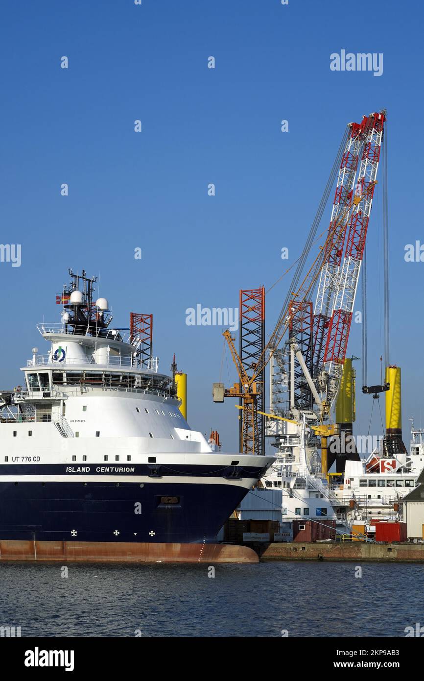 The Island Centurion, an offshore transporter, lies at the pier of the ...