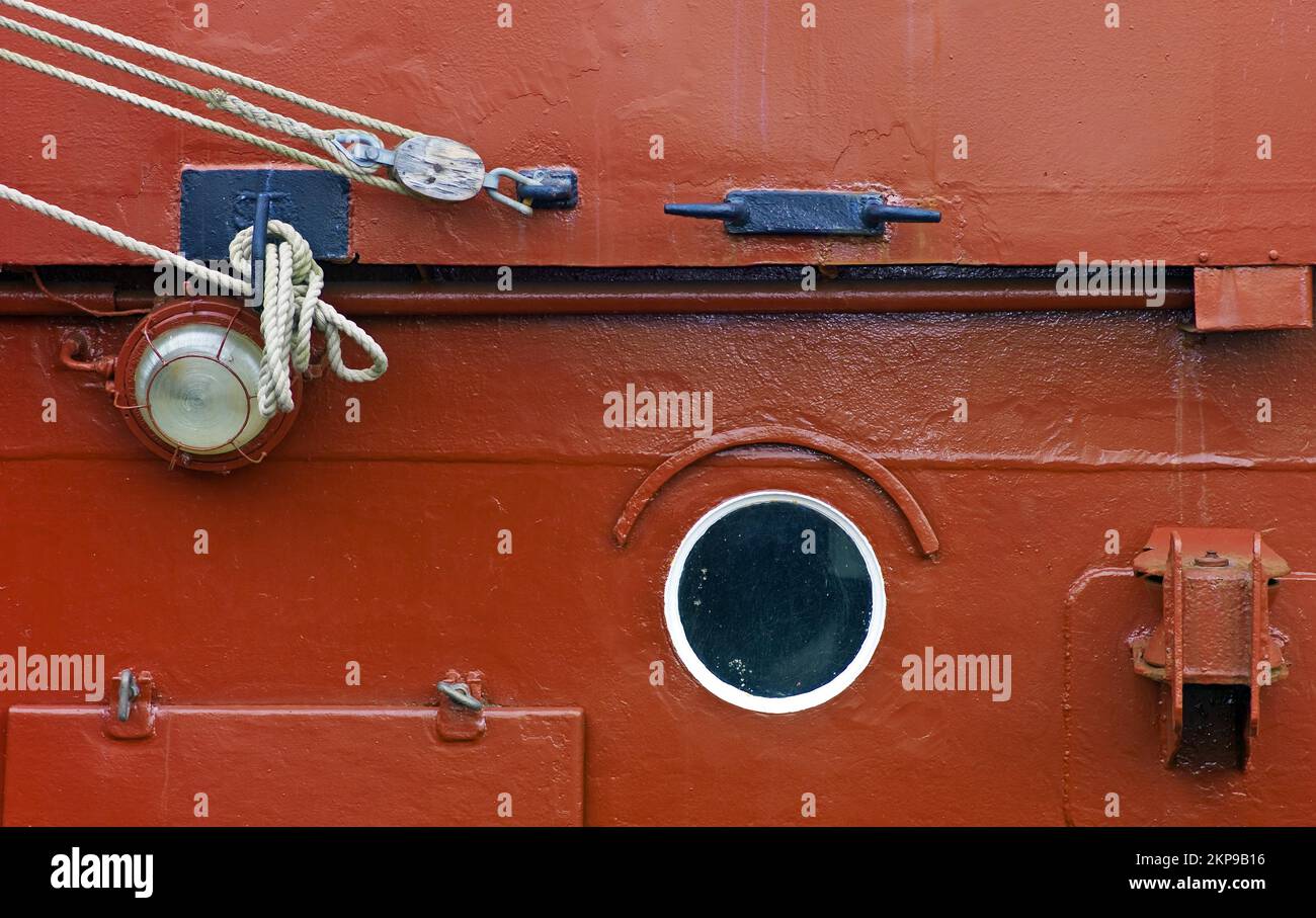Ship's side of the Gera with porthole, Bremerhaven, Germany, Europe ...