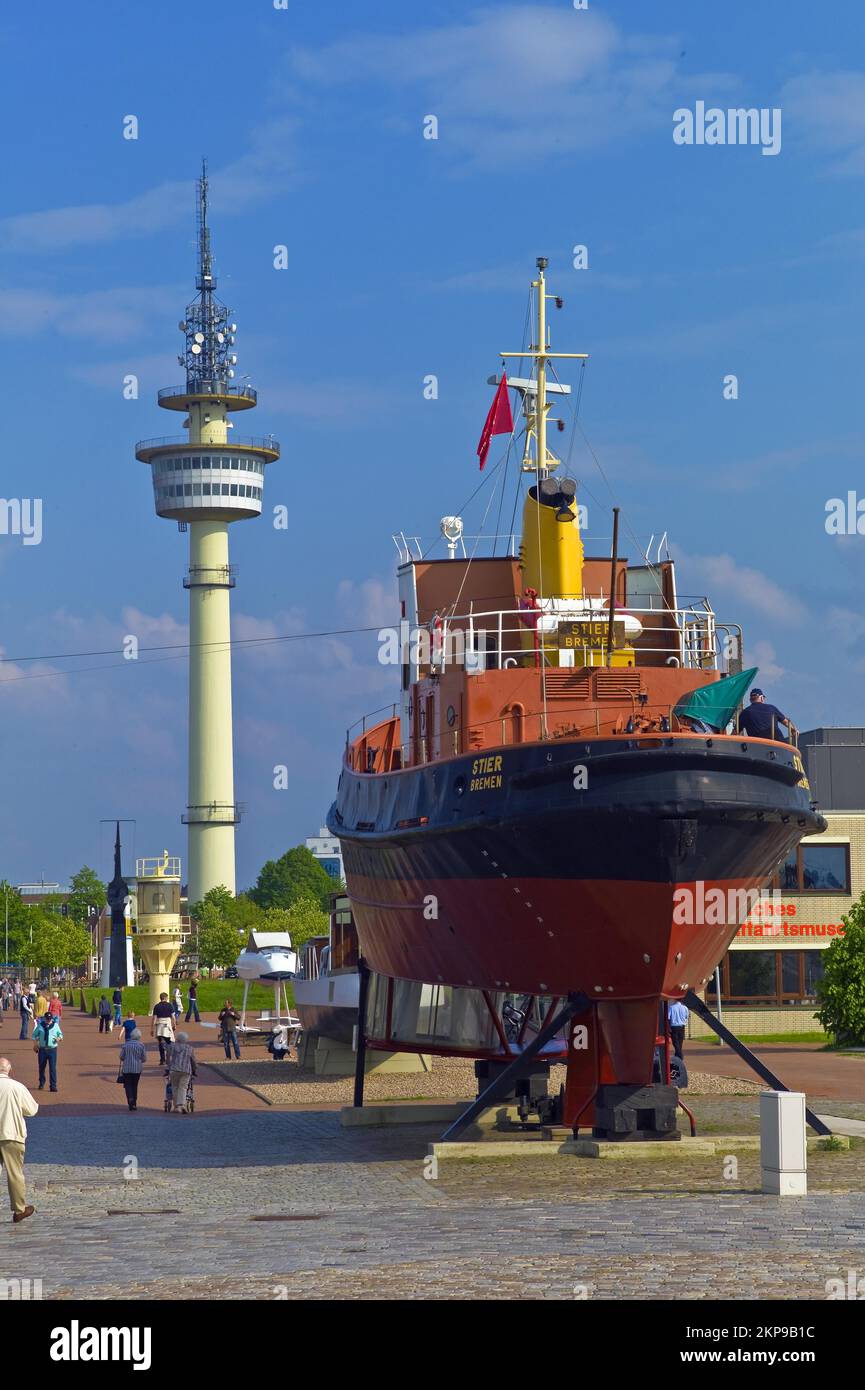 Outdoor area Schiffahrtsmuseum, tugboat Stier, radar tower, Bremerhaven ...