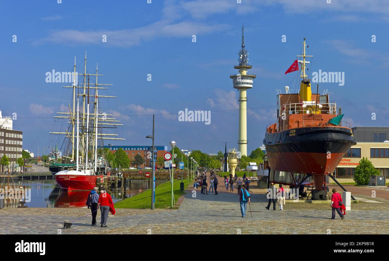 Outdoor area Schiffahrtsmuseum, tugboat Stier, radar tower, Bremerhaven ...