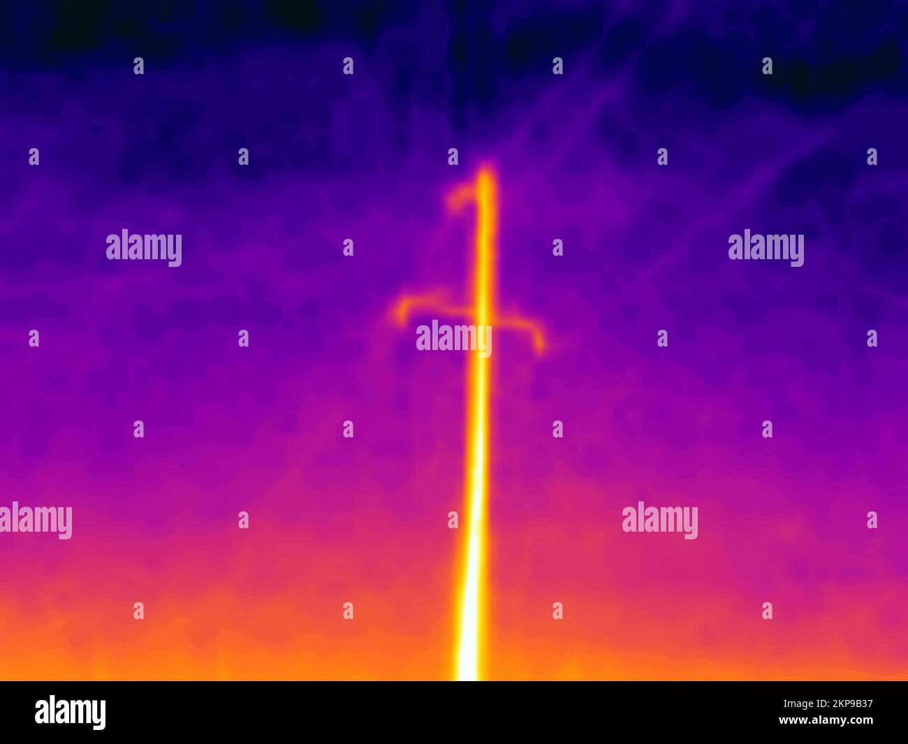 Power transmission line captured on thermal imager. Power line at night ...