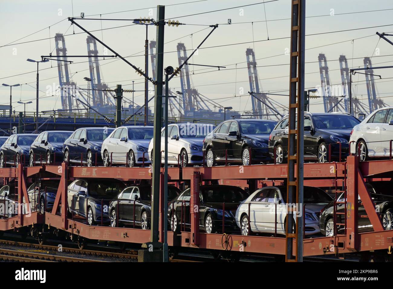 Cars destined for export on a railway train in Bremerhaven, Germany ...