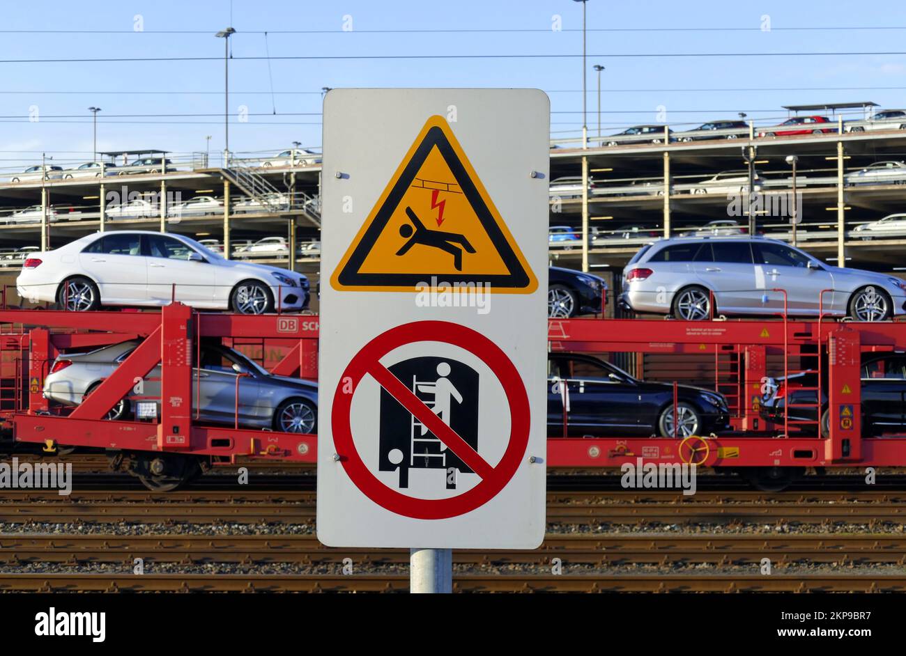Cars intended for export on a railway train in Bremerhaven, signs ...